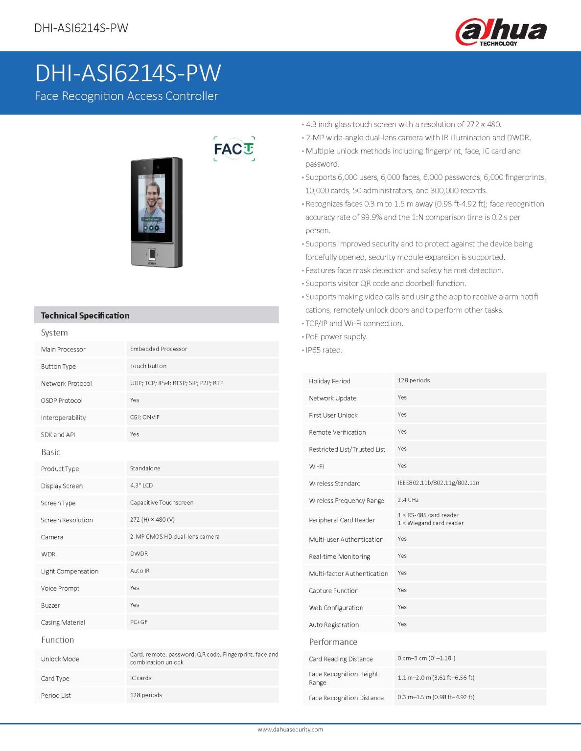 Dahua Access Control - DHI-ASI6214S-PW - Access Control
