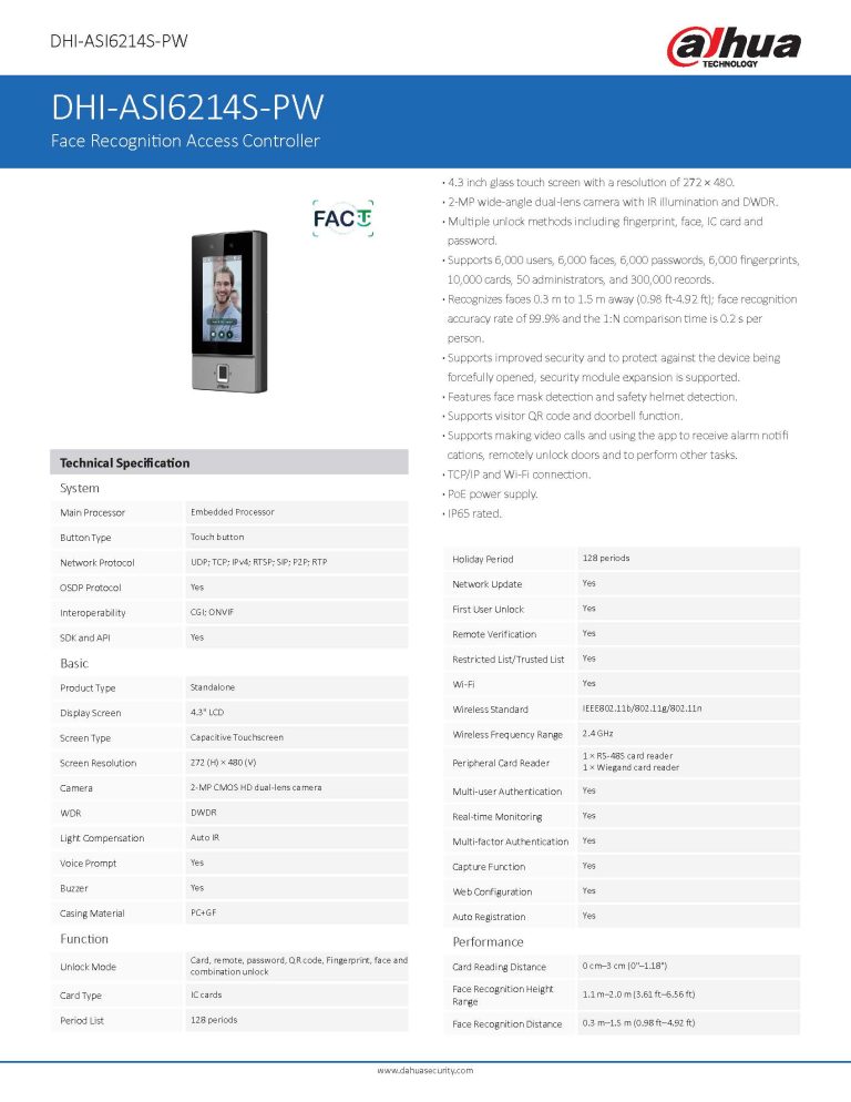 Dahua Access Control - DHI-ASI6214S-PW - Access Control